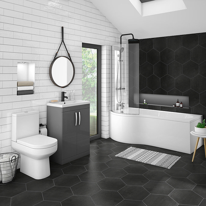 Brooklyn Gloss Grey Bathroom Suite + B-Shaped Bath | Victorian Plumbing UK