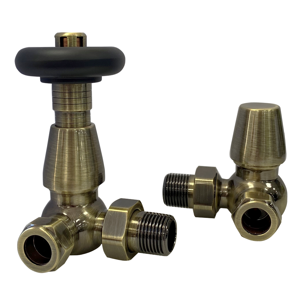 Chatsworth Antique Brass & Black Thermostatic Corner Radiator Valves ...