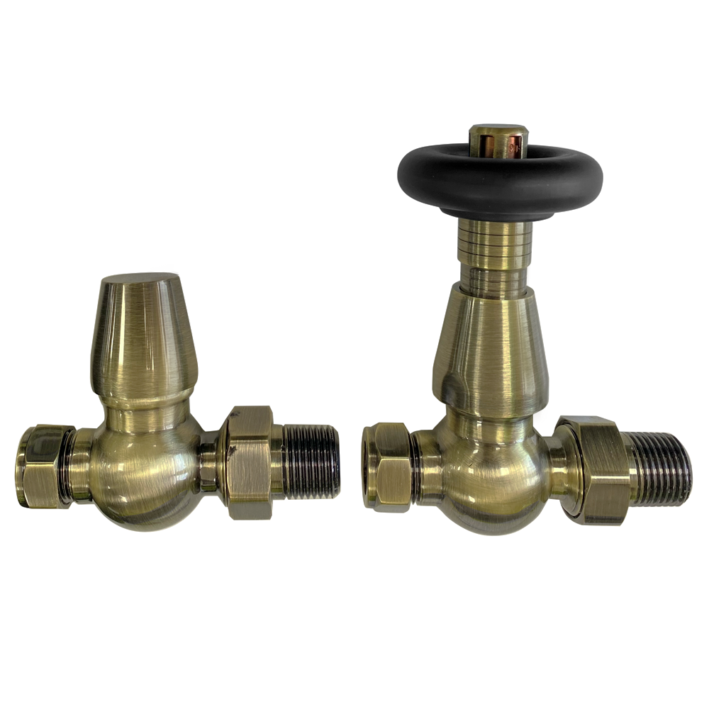 Chatsworth Antique Brass & Black Thermostatic Straight Radiator Valves ...