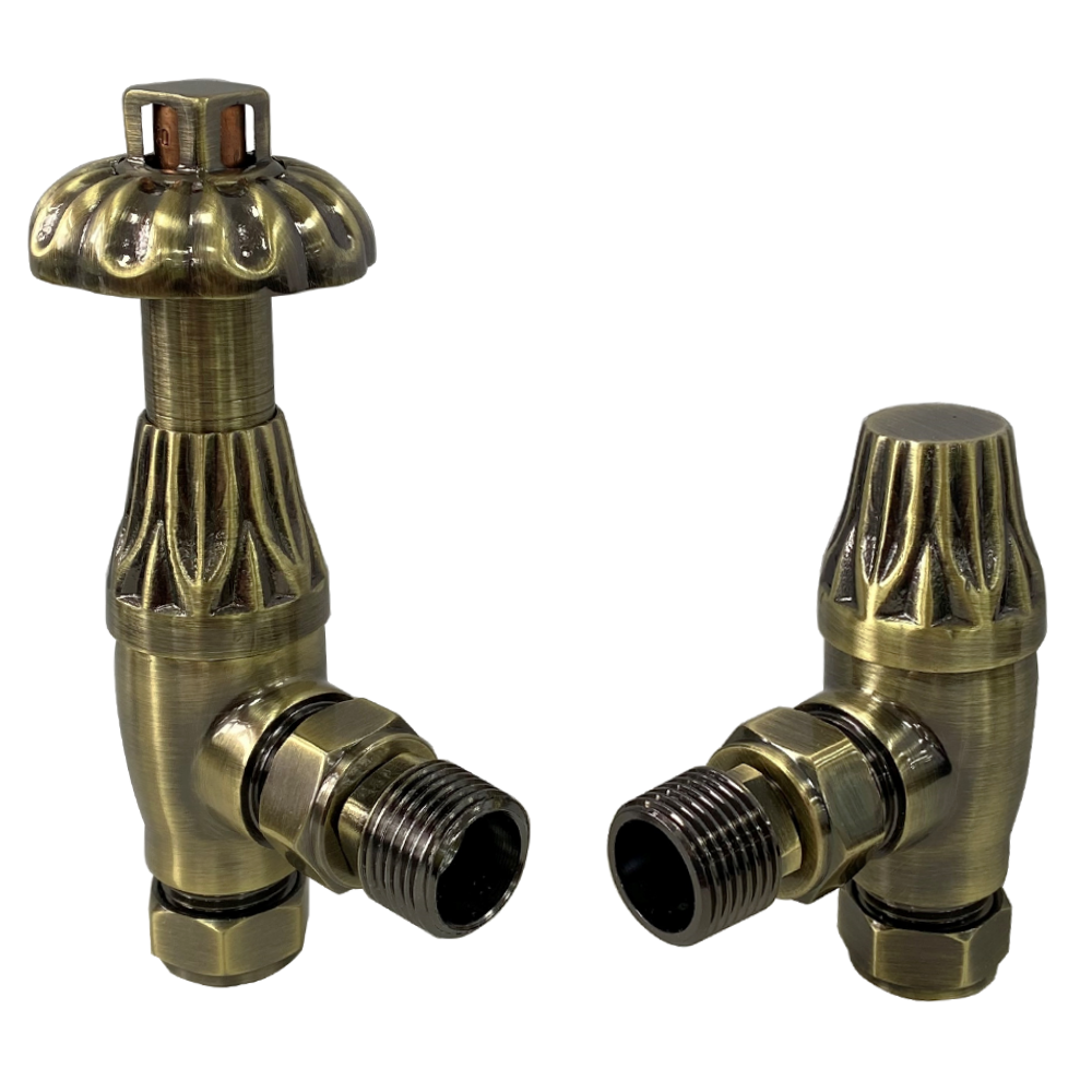 Chatsworth Gothic Antique Brass Thermostatic Angled Radiator Valves ...