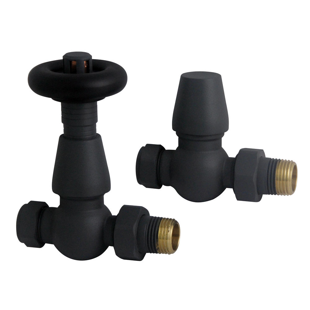 Chatsworth Matt Black Thermostatic Straight Radiator Valves (Black Ring ...