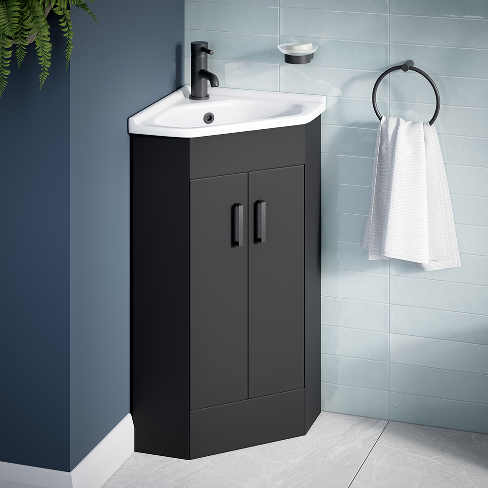 Cove Corner Vanity Unit - Matt Black - 590mm with Matt Black Handles