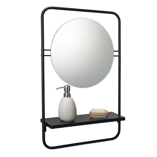 Croydex Furzton Matt Black Round Mirror with Shelf - 642mm x 413mm