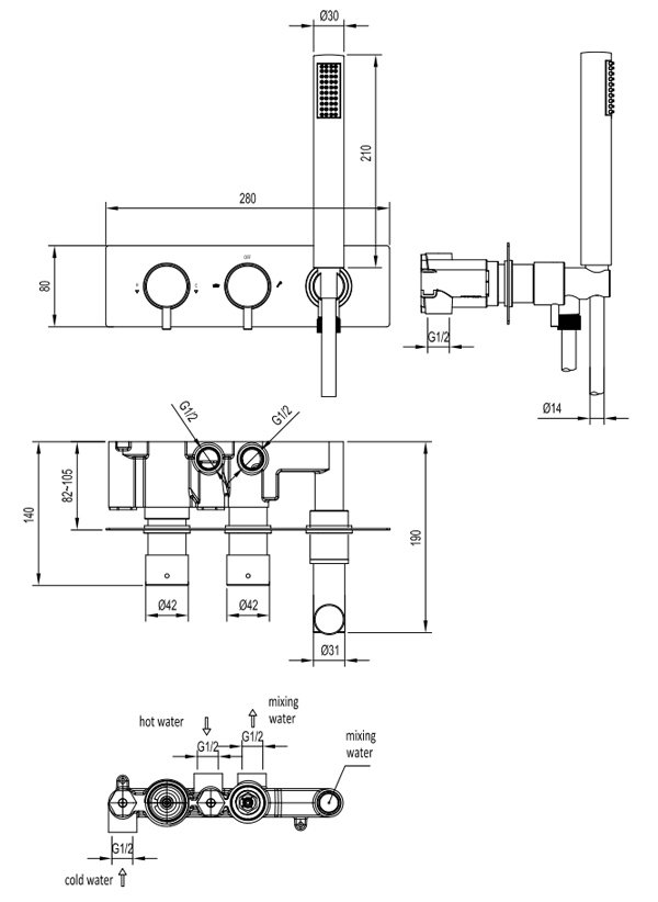 Cruze Round Wall Mounted Thermostatic Shower Valve with Handset ...