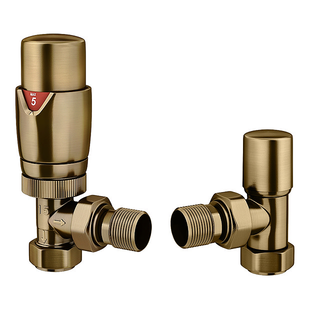Monza Antique Brass Angled Thermostatic Radiator Valves - Energy Saving ...