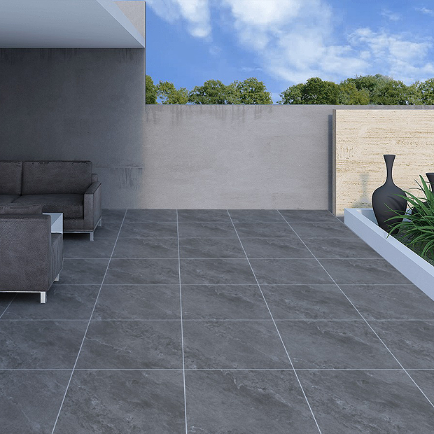 Deveso Outdoor Anthracite Stone Effect Floor Tiles - 600 x 600mm
