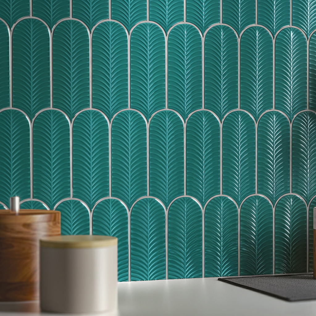 Fiorella Teal Scallop & Feather Gloss Wall Tiles - 80 x 215mm