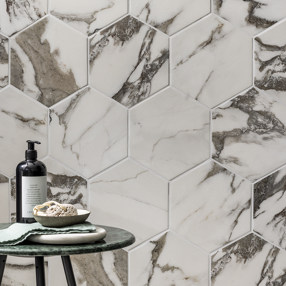 Gatley Hexagon Grey Marble Effect Tiles - 200 x 240mm