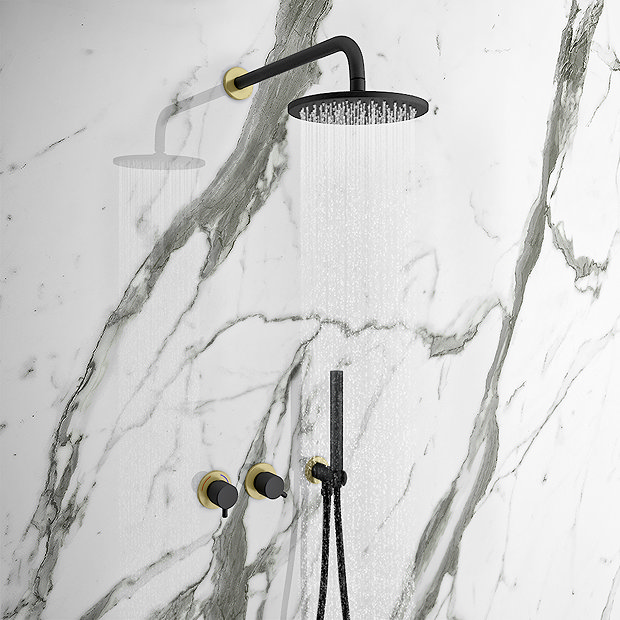 Gatsby Matt Black & Brushed Brass Round Thermostatic Shower Pack with ...