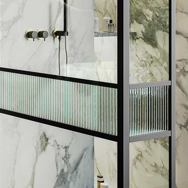 Gatsby Matt Black Framed Wetroom Screen with Fluted Glass, 300mm Return + Support Arm ...