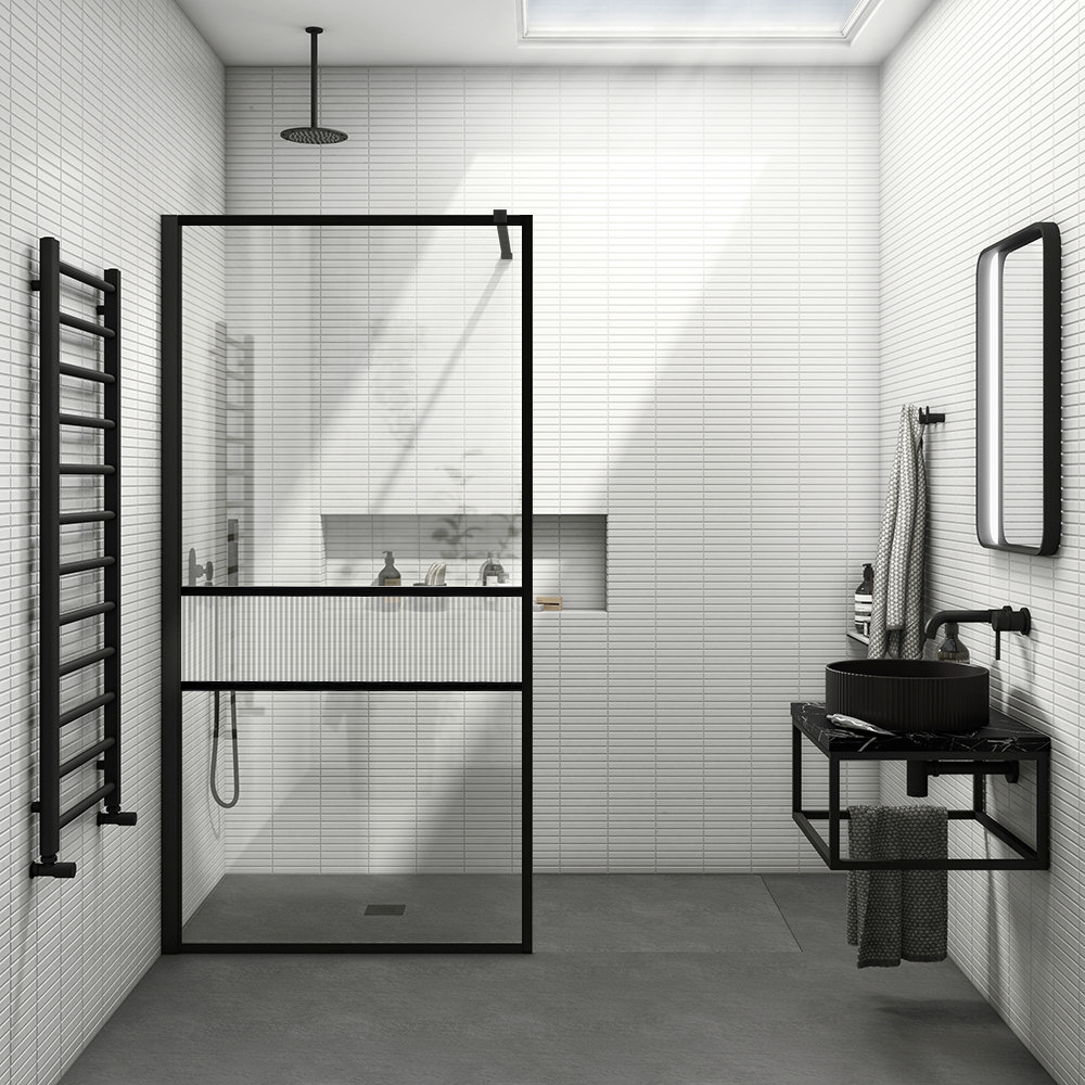 Gatsby Matt Black Framed Wetroom Screen with Fluted Glass + Support Arm ...