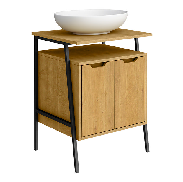 Huxley Oak & Matt Black 600mm Countertop Vanity Unit with Oval Matt ...