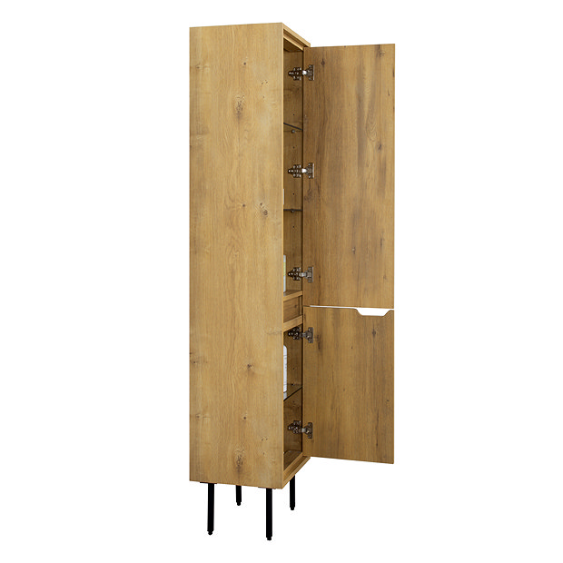 Huxley Oak Effect Tall Storage Unit with Mirror and Matt Black Legs