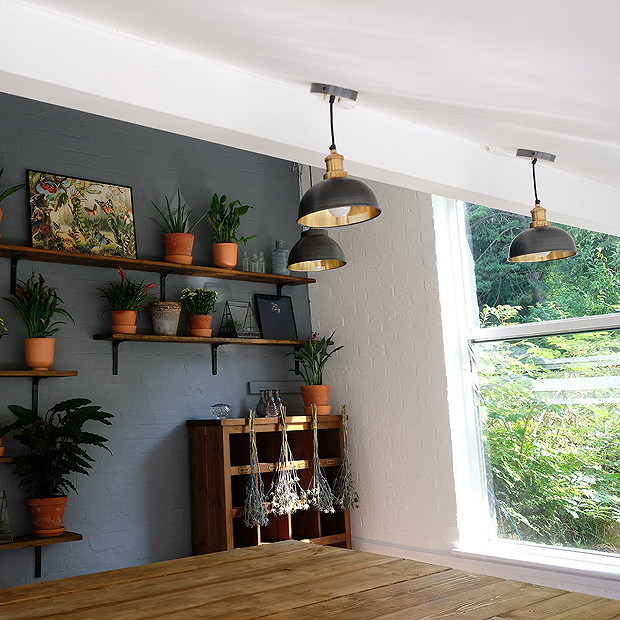 Industville Brooklyn 13" Pewter & Brass Dome Pendant - Brass Holder - BR-DP13-BP-BH