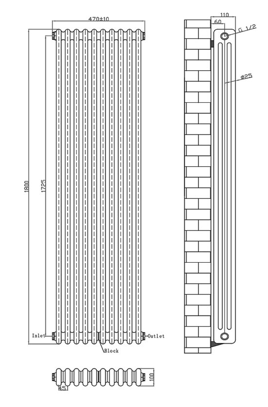 Keswick 1800 x 468mm Cast Iron Style Traditional 3 Column Anthracite ...