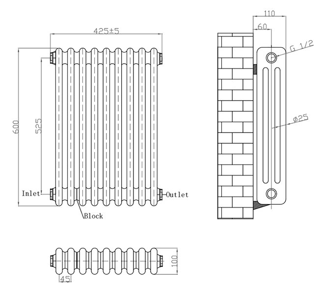 Keswick 600 x 425mm Cast Iron Style Traditional 3 Column Anthracite ...