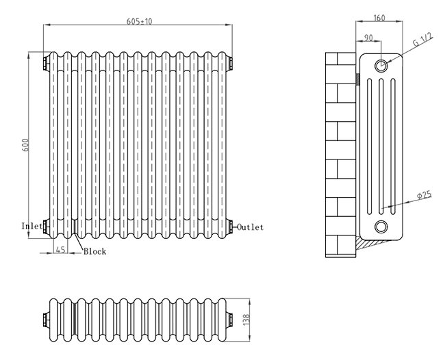 Keswick 600 x 605mm Cast Iron Style Traditional 4 Column Anthracite ...