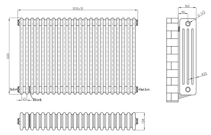 Keswick 600 x 1010mm Cast Iron Style Traditional 4 Column Anthracite ...