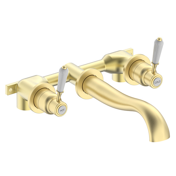 Lancaster Traditional Brushed Brass Wall Mounted Lever Basin Mixer Tap ...