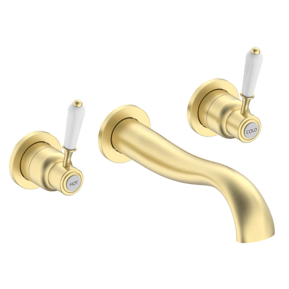 Lancaster Traditional Brushed Brass Wall Mounted Lever Basin Mixer Tap ...