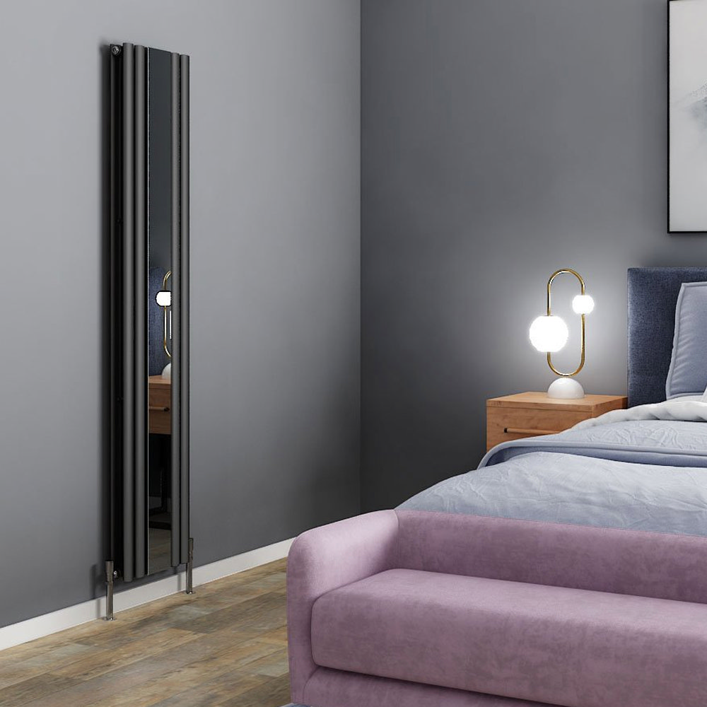 Metro Vertical Radiator with Mirror - Matt Black - Double Panel (H1800 ...