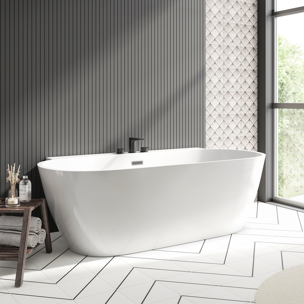 Mileto 1700 x 800 Curved Back to Wall Modern Bath with Chrome Waste ...