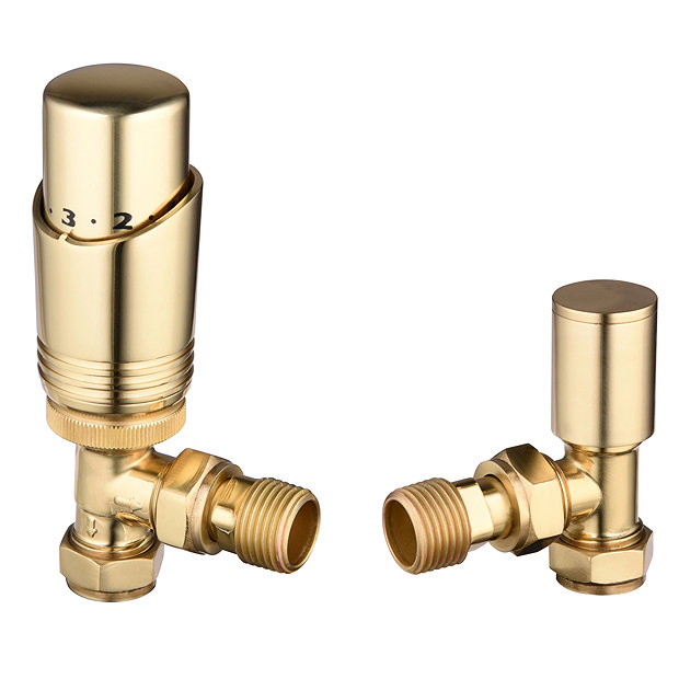 Modern Brass Angled Thermostatic Radiator Valves | Victorian Plumbing UK
