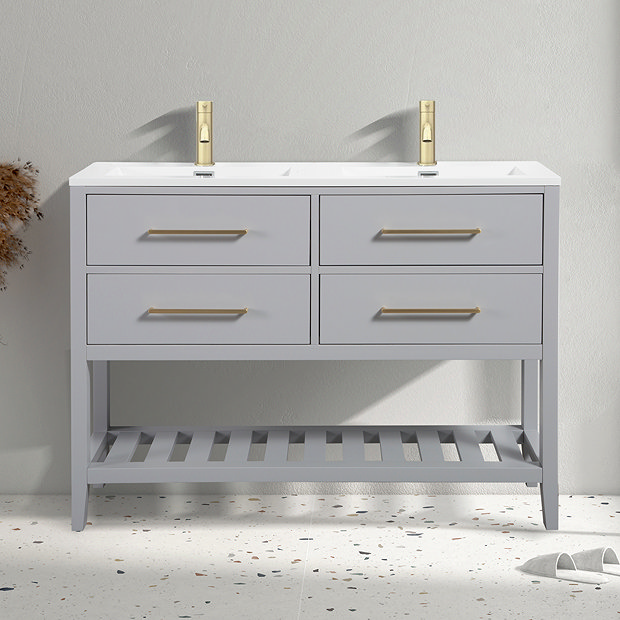 Montrose 1200mm Dove Grey Double Basin Vanity Unit with Brushed Brass ...