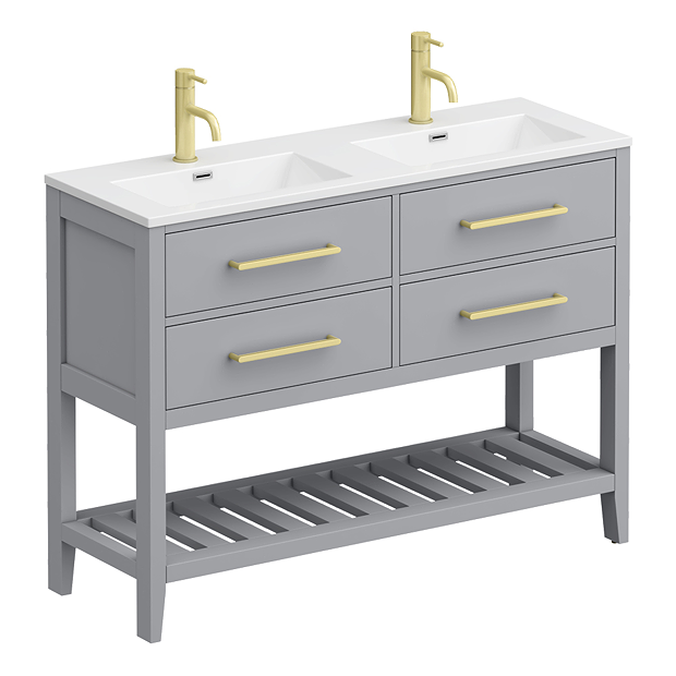 Montrose 1200mm Dove Grey Double Basin Vanity Unit with Brushed Brass ...
