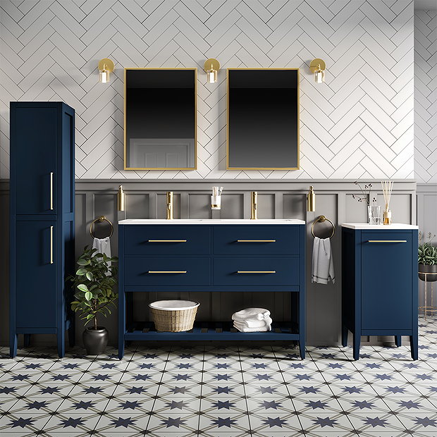 Montrose 1200mm Indigo Blue Double Basin Vanity Unit with Brushed Brass ...