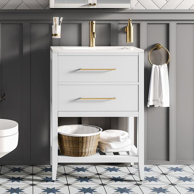 Montrose 610mm White Vanity Unit with Brushed Brass Handles and Slatted ...