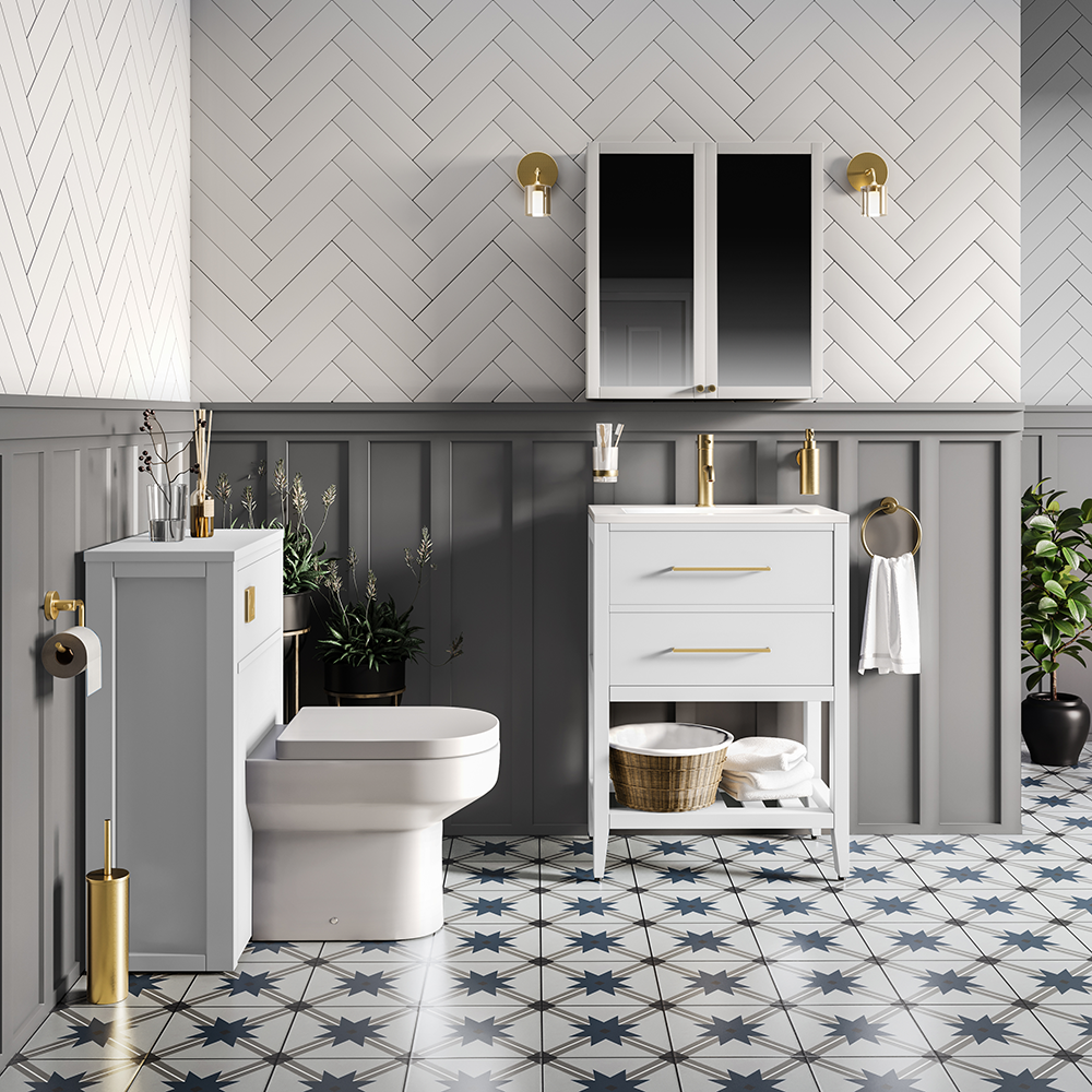 Montrose 610mm White Vanity Unit with Brushed Brass Handles and Slatted ...