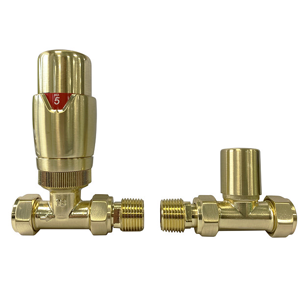 Monza Brushed Brass Straight Thermostatic Radiator Valves - Energy Saving