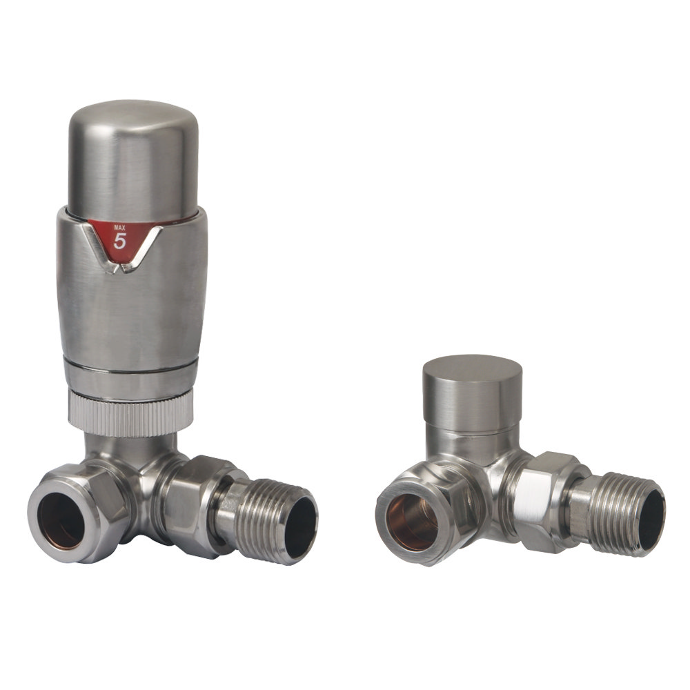Monza Brushed Nickel Corner Thermostatic Radiator Valves | Victorian ...