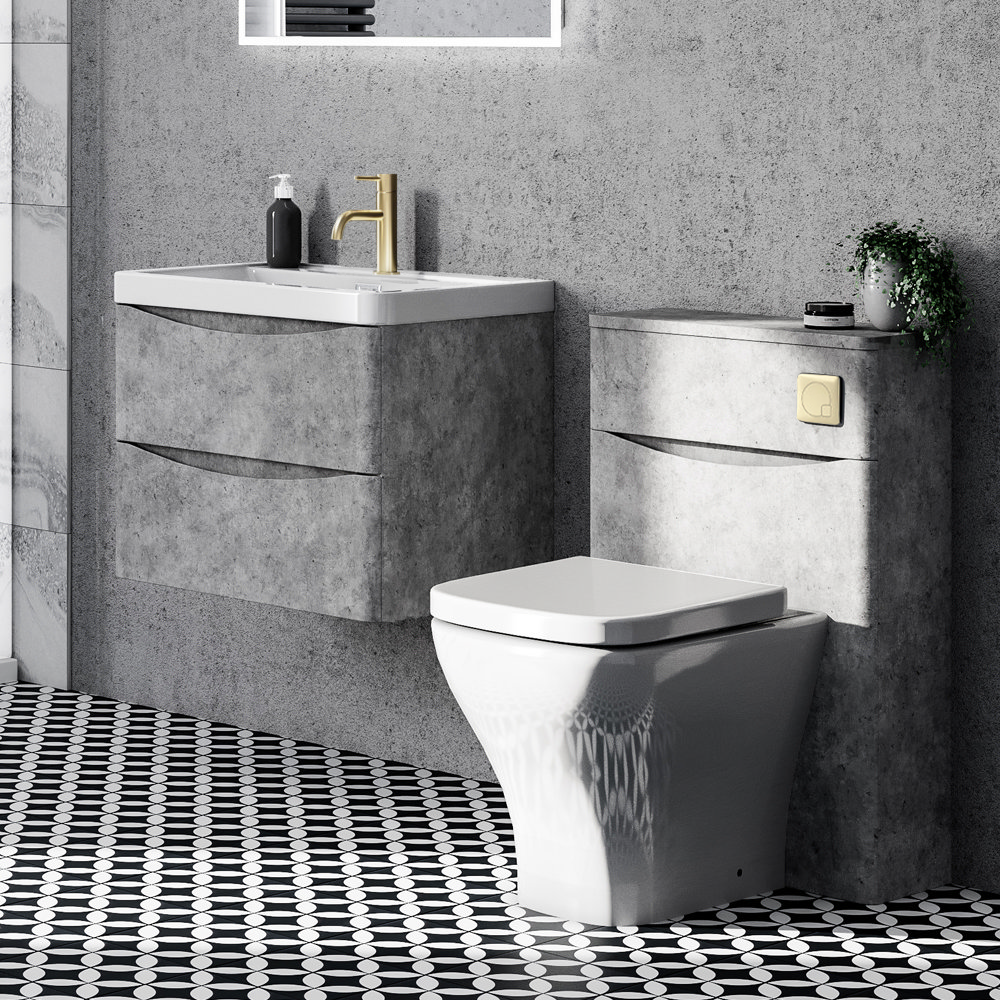 Monza Concrete Effect 500mm Wide WC Unit with Cistern, Brushed Brass ...