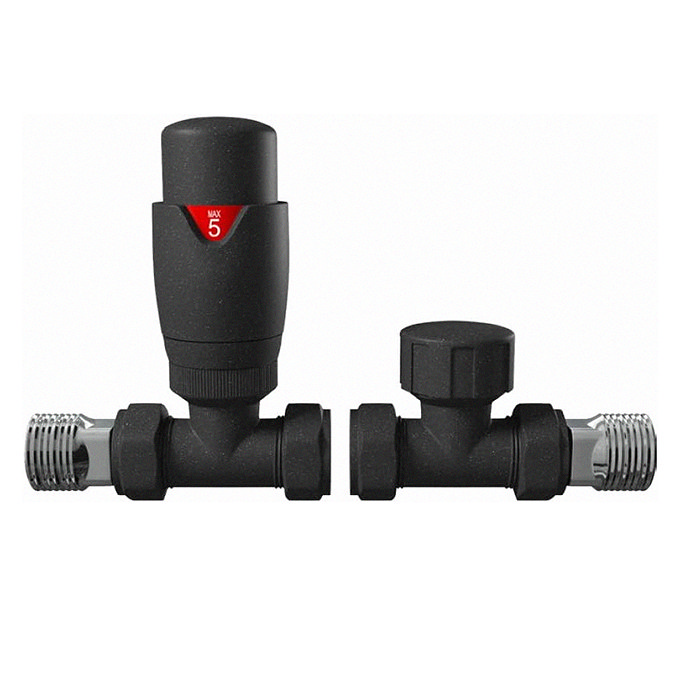 Monza Matt Black Shimmer Straight Thermostatic Radiator Valves - Energy ...