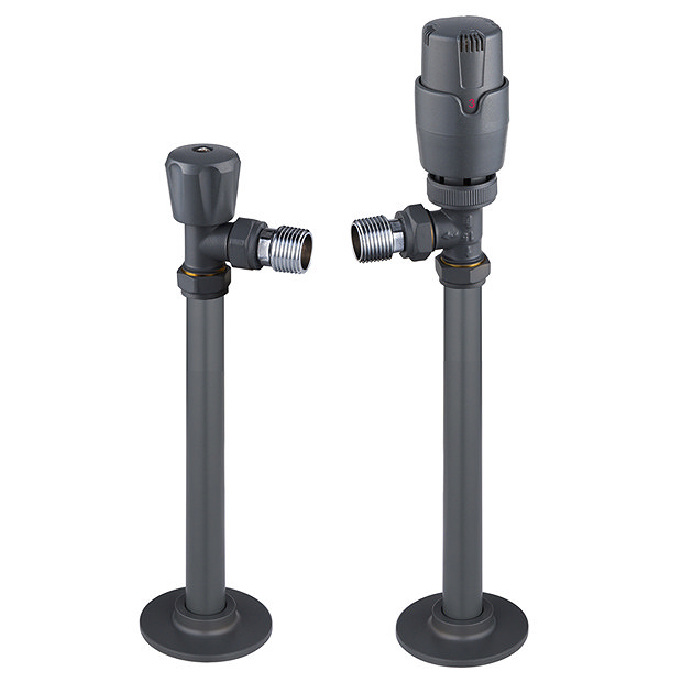 Monza Modern Grey Angled Thermostatic Radiator Valves inc. 180mm Stand ...