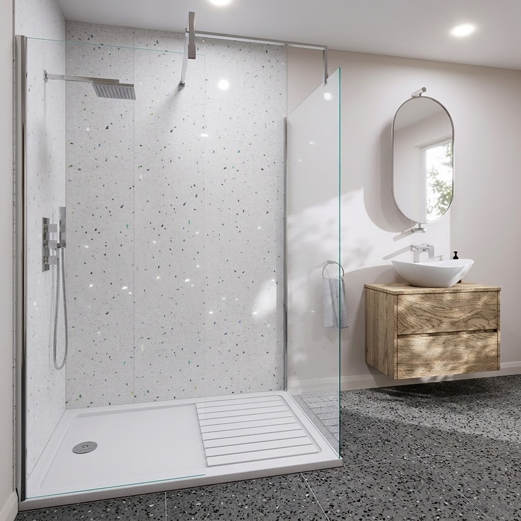 Monza White Terrazzo (Quartz Effect) PVC Shower Wall Panel 2400 x 1000mm