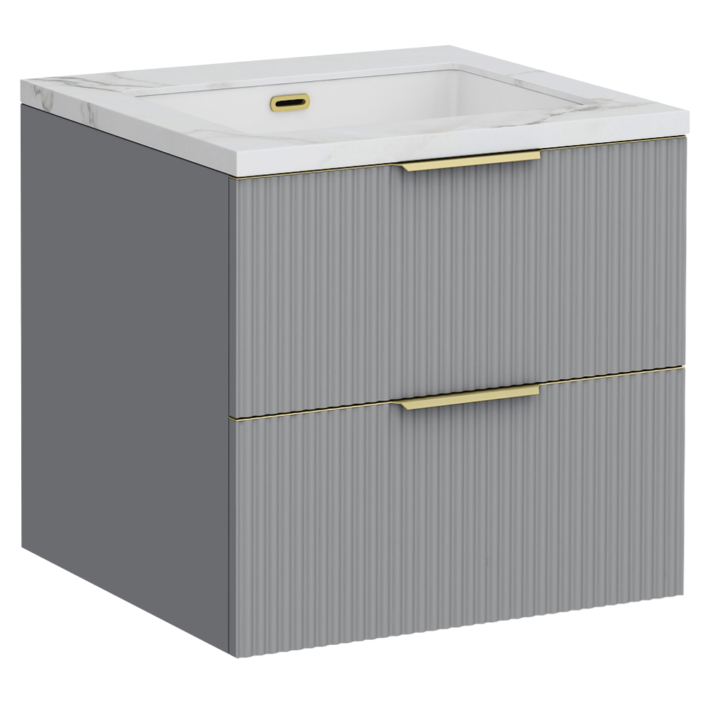 Opus 600mm Satin Grey Fluted Wall Hung 2-Drawer Vanity - White & Marble ...