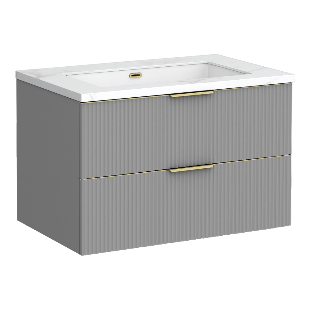 Opus 900mm Satin Grey Fluted Wall Hung 2-Drawer Vanity - White & Marble ...