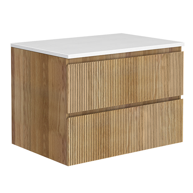 Osaka Slatted Oak 800mm 2-Drawer Countertop Vanity Unit with White ...
