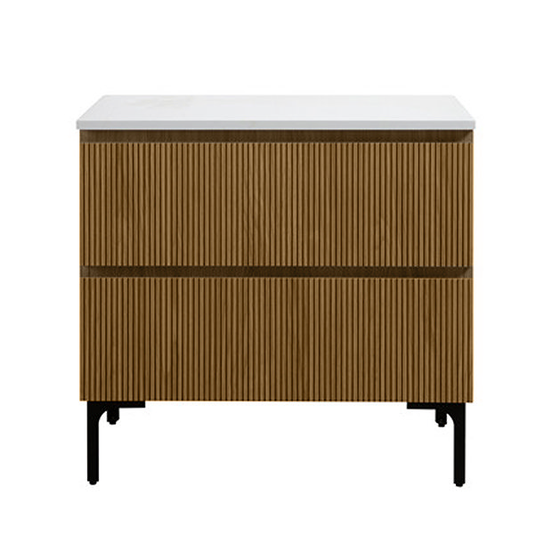 Osaka Slatted Oak 800mm 2-Drawer Vanity Unit with White Stone Worktop ...