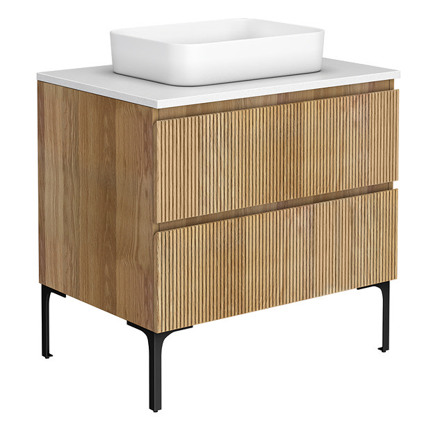 Osaka Slatted Oak 800mm 2-Drawer Vanity Unit with White Stone Worktop ...