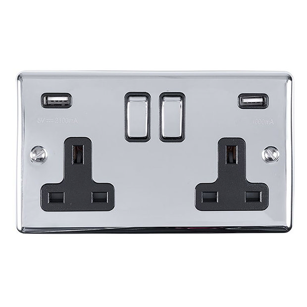 Revive Twin Plug Socket with USB -Polished Chrome/Black | Victorian ...