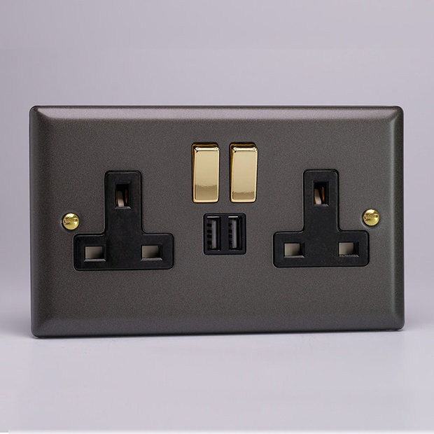 Revive Twin Plug Socket with USB - Slate/Brass - RV2USBSB