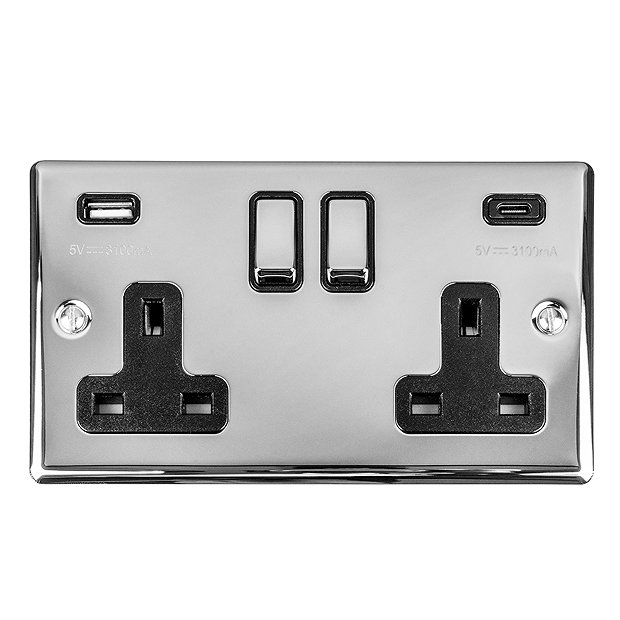 Revive Twin Plug Socket with USB Type A & C - Polished Chrome / Black Trim