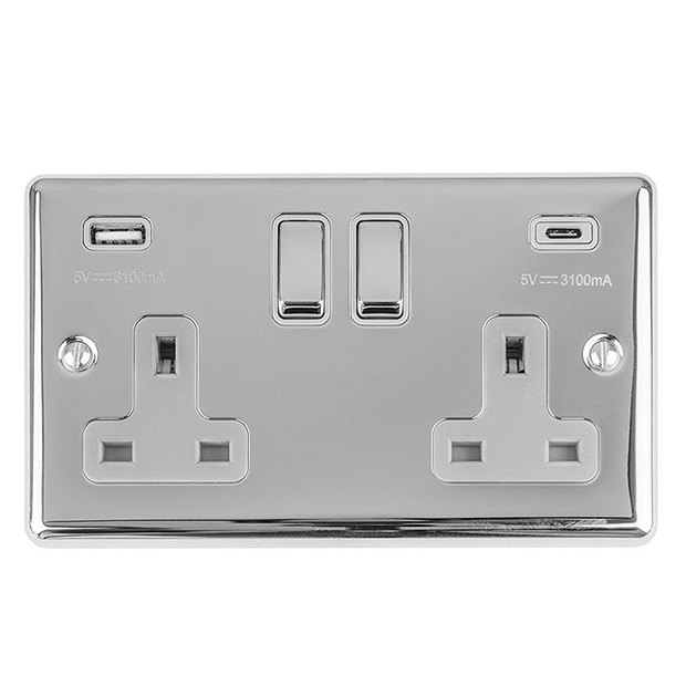 Revive Twin Plug Socket with USB Type A & C - Polished Chrome / Grey Trim