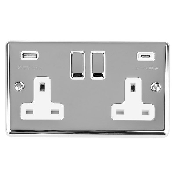 Revive Twin Plug Socket with USB Type A & C - Polished Chrome / White Trim