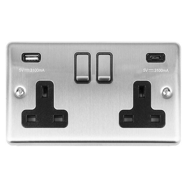 Revive Twin Plug Socket with USB Type A & C - Stainless Steel / Black Trim