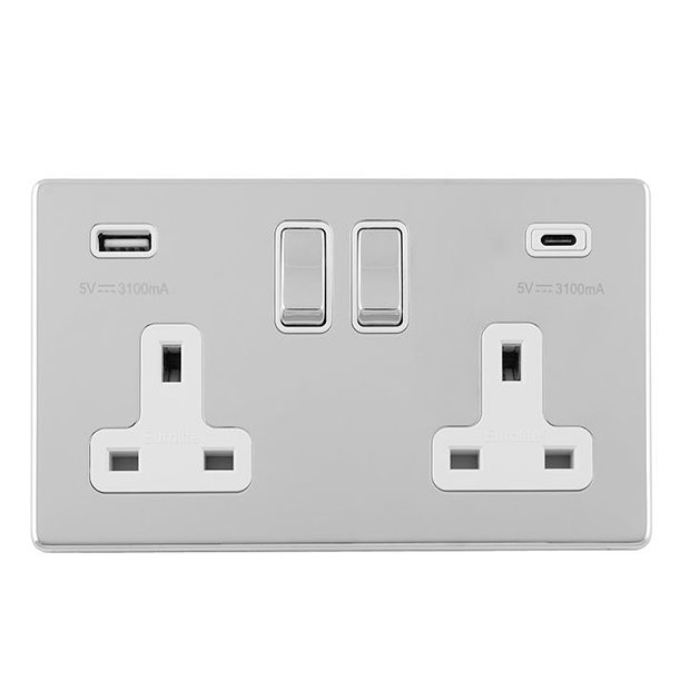 Revive Twin Plug Socket With USB & USBC - Polished Chrome